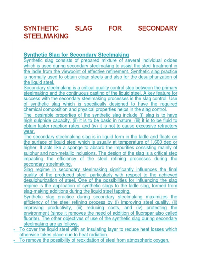 Synthetic Slag For Secondary Steelmaking | PDF | Steelmaking | Calcium