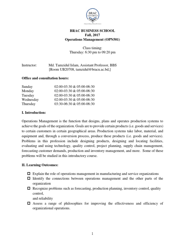 Course Outline - OPN501 | PDF | Operations Management | Supply Chain ...