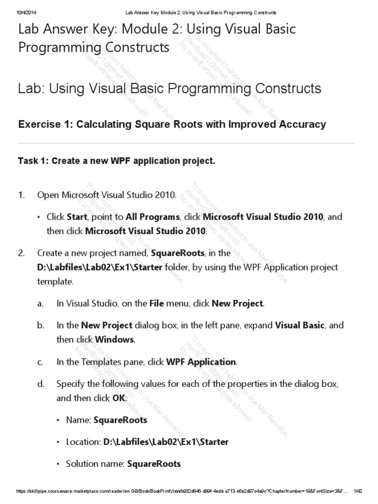 Lab Answer Key Module 2 Using Visual Basic Programming Constructs