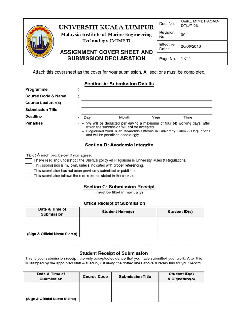 UniKL Assignment Cover Sheet Guide | PDF | Plagiarism | Government