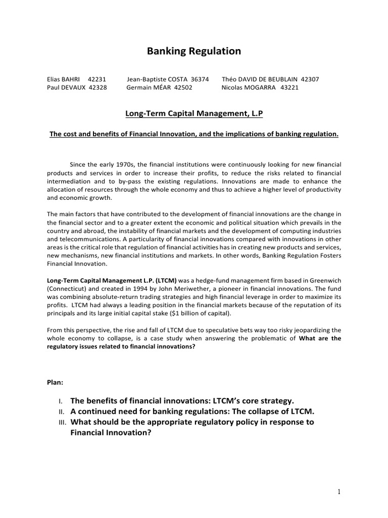 Banking Regulation LTCM Case | PDF | Long Term Capital Management | Financial Innovation