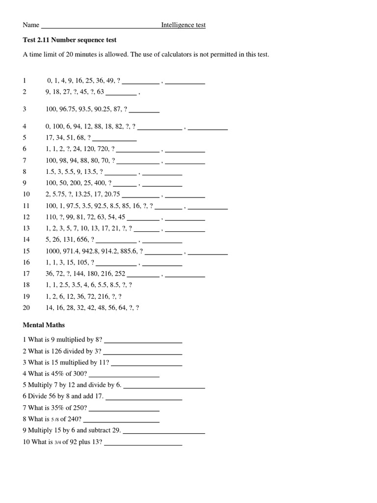 Intelligence Test | PDF | Teaching Mathematics | Science