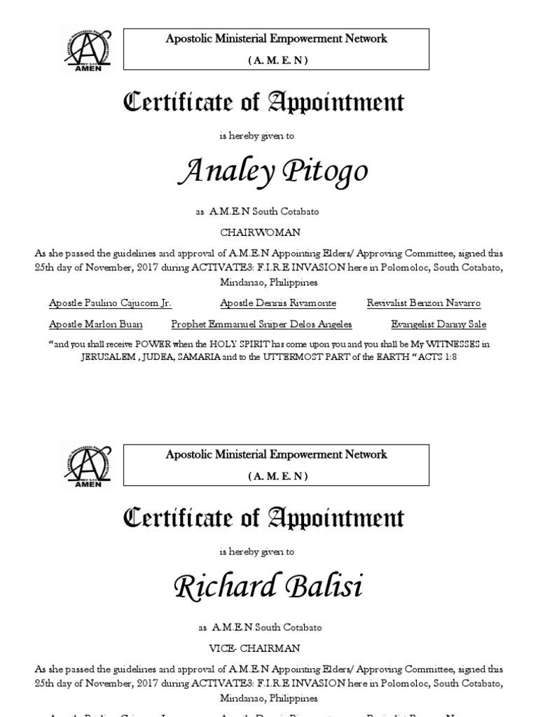 Certificate of Appointment | PDF | Christian Movements | Christian ...