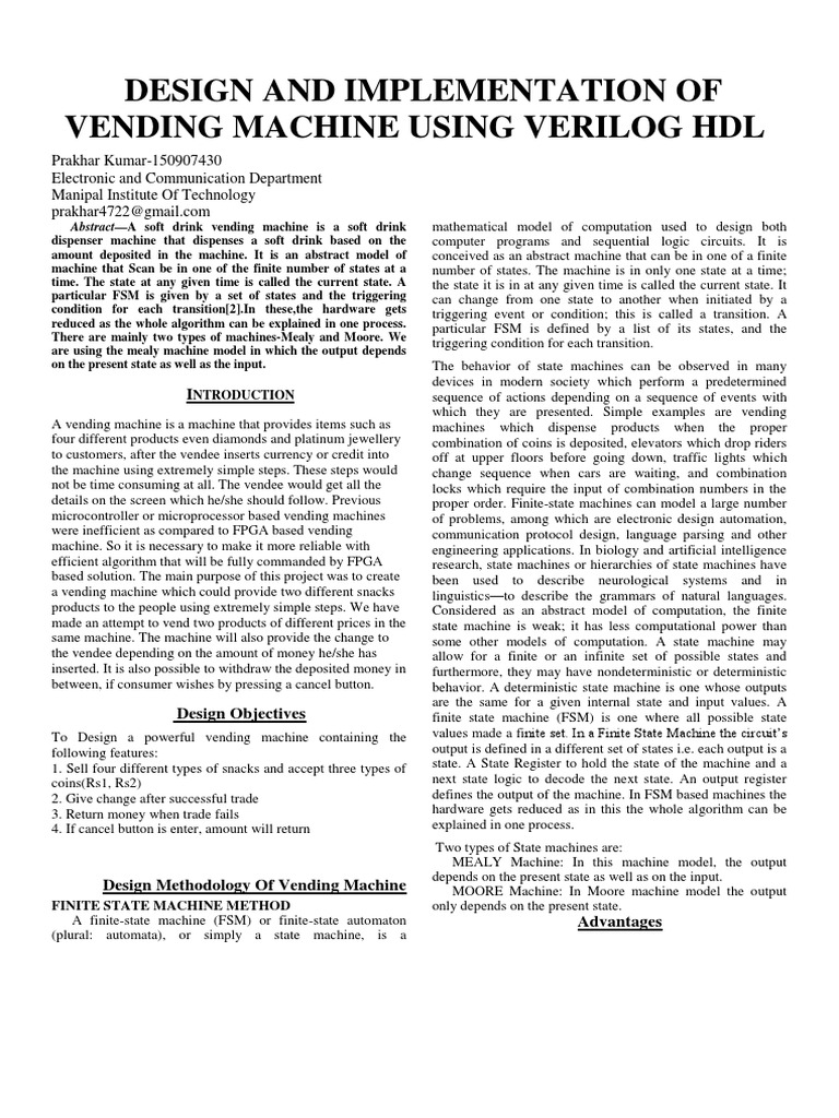 Design and Implementation Of: Vending Machine Using Verilog HDL | PDF | Digital Electronics ...