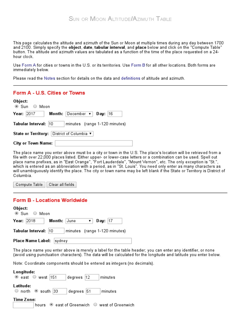 Sun or Moon Altitude - Azimuth Table | PDF | Azimuth | Microsoft Excel