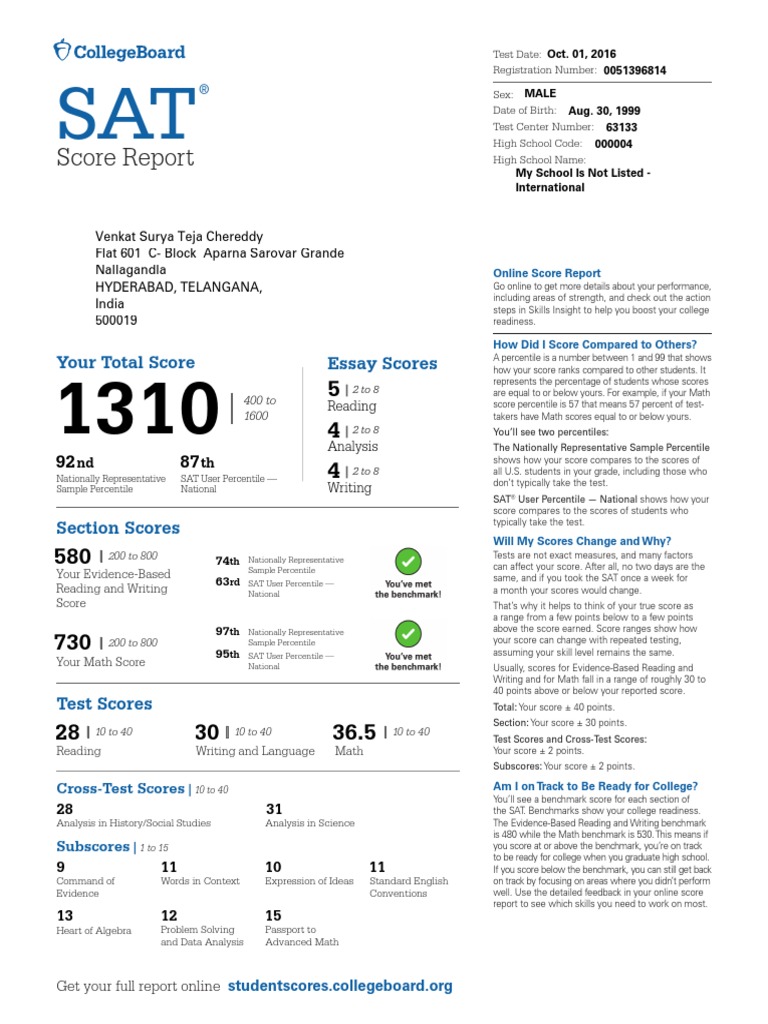 Score Report: Your Total Score Essay Scores | PDF | Sat | Cognition