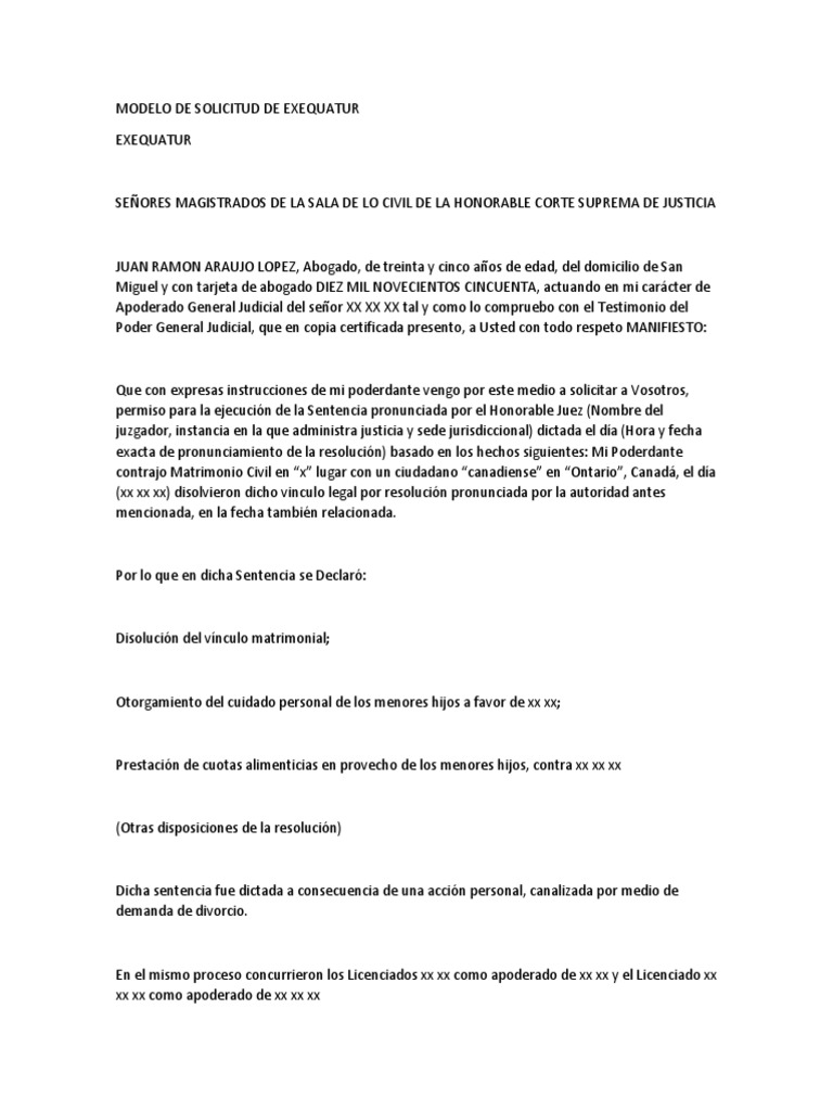 Modelo de Solicitud de Exequatur | Sentencia (Ley) | Constitución