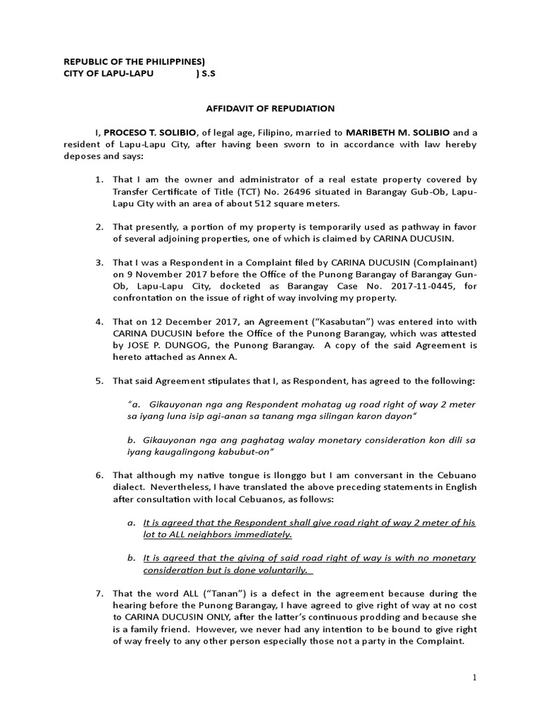 Affidavit of Repudiation of Barangay Agreement | Affidavit | Virtue