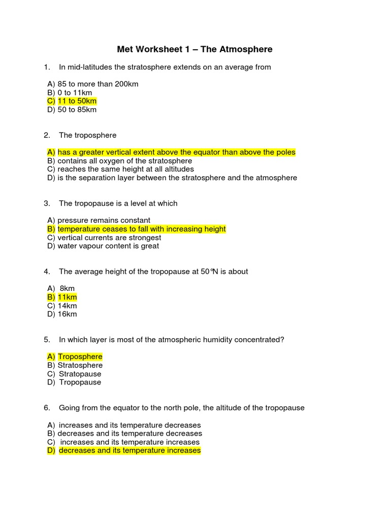 Met Worksheet 1 - The Atmosphere | PDF | Troposphere | Atmosphere Of Earth