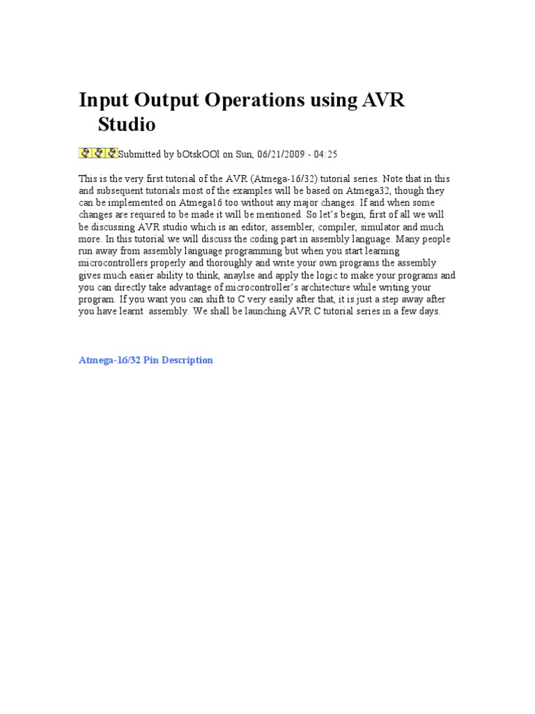 Input Output Operations Using AVR Studio: Atmega-16/32 Pin Description ...