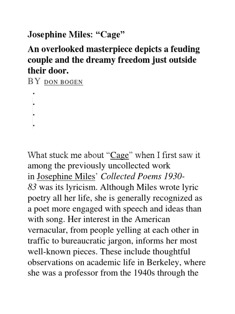 Josephine Miles' "Cage": A Lyric Analysis | PDF | Poetry