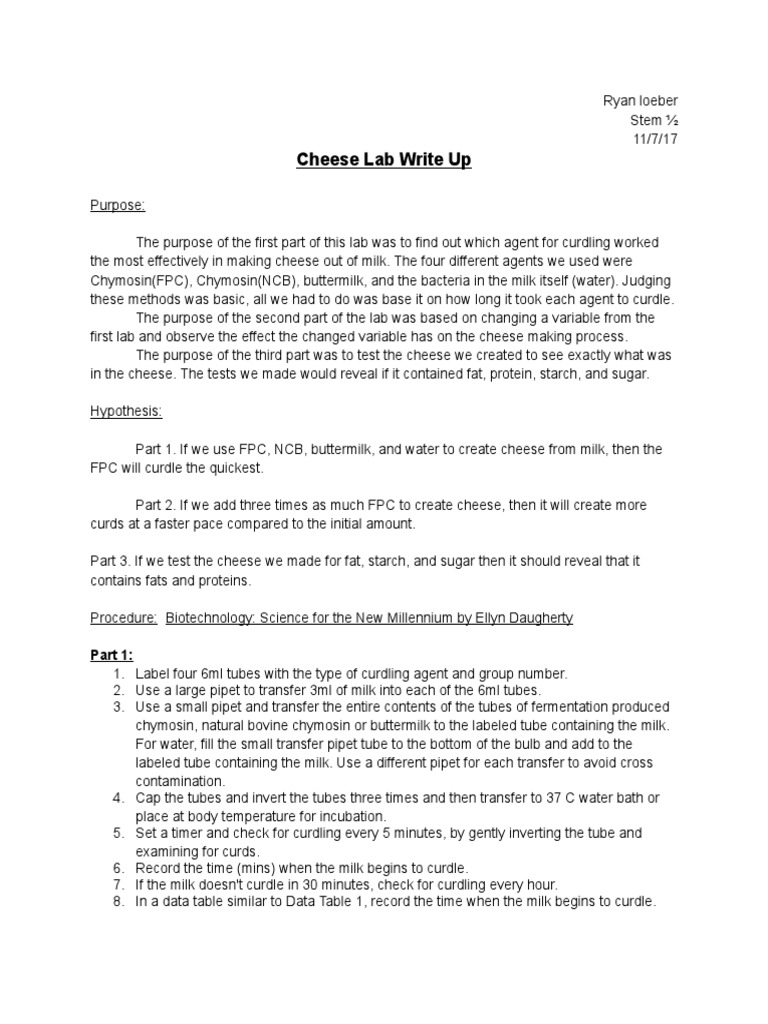 Cheese Lab Write Up | PDF | Cheese | Experiment