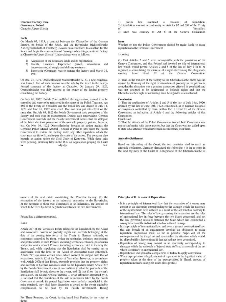 Germany vs. Poland - Chorzów Factory Case | PDF | World War I ...