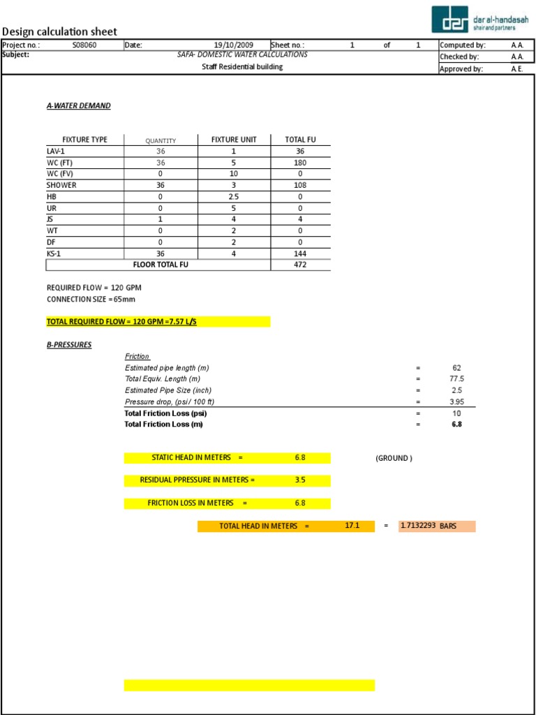Domestic Water Calculations for Staff Residential Building | PDF