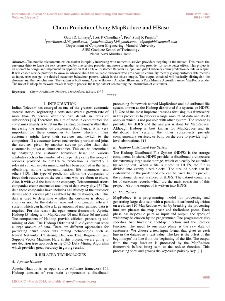 Churn Prediction Using Mapreduce And Hba Pdf Pdf Apache Hadoop