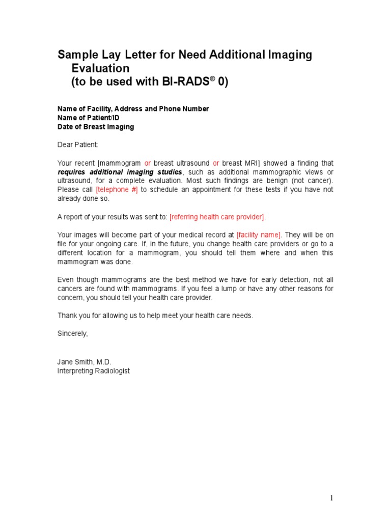 Sample Lay Letters BIRADS 0 | PDF