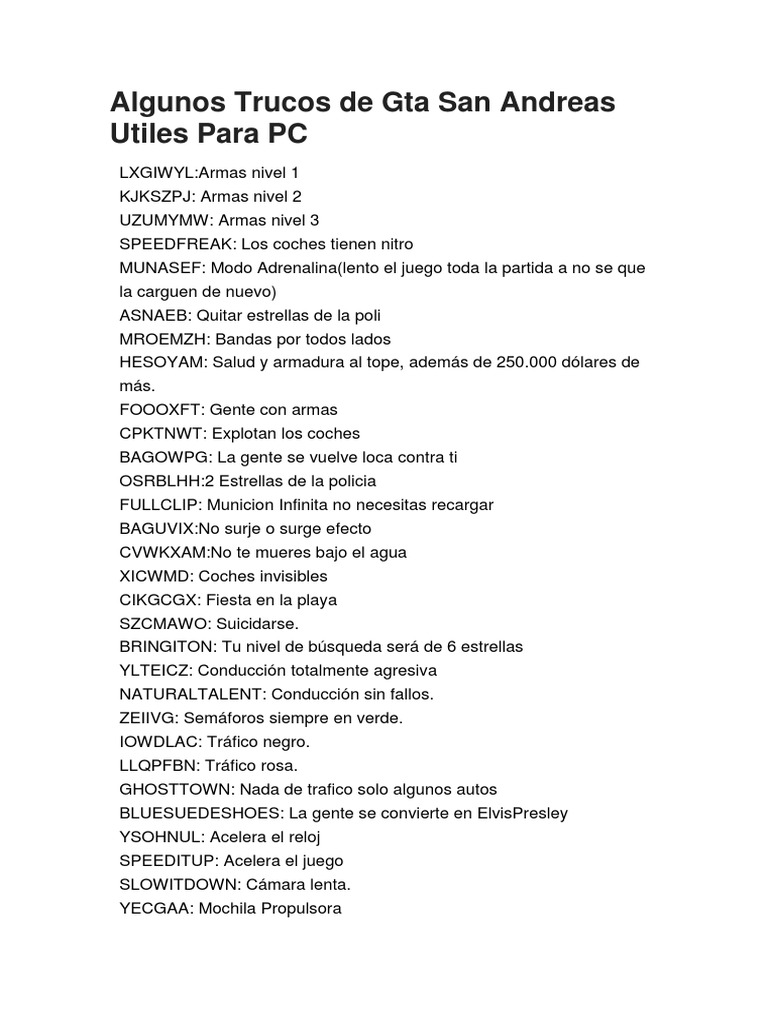 Algunos Trucos de Gta San Andreas Utiles para PC | PDF | Transporte ... Algunos Trucos de Gta San Andreas Utiles para PC | PDF | Transporte ...