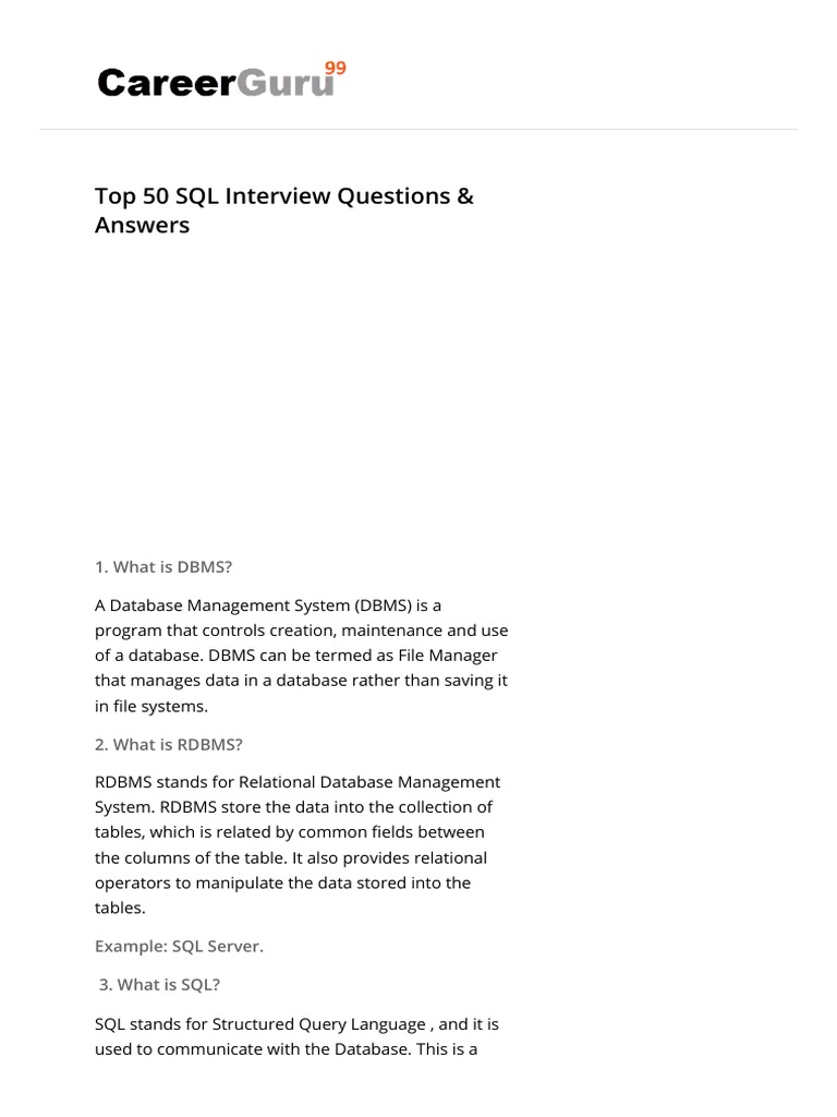 Top 50 SQL Interview Questions & Answers | PDF | Database Index | Relational Database