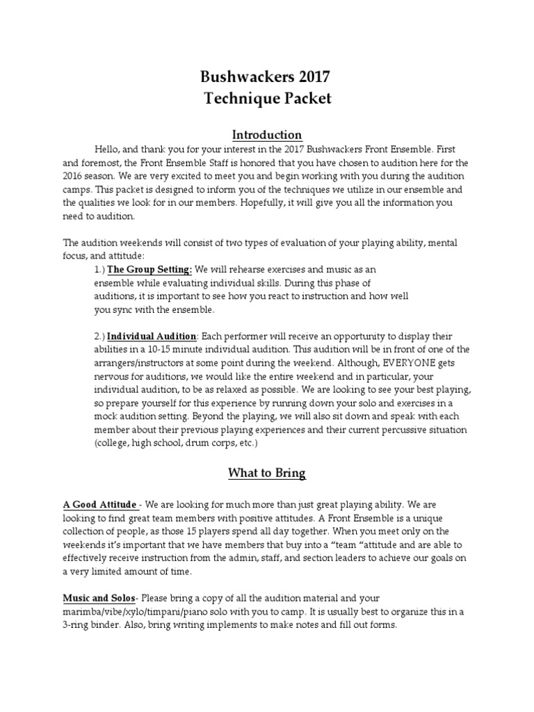 Front Ensemble Technique Packet | Download Free PDF | Audition | Rhythm