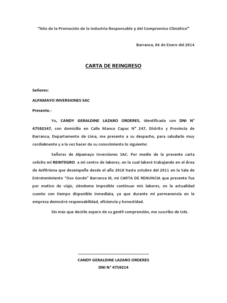 Carta de Reingreso | PDF