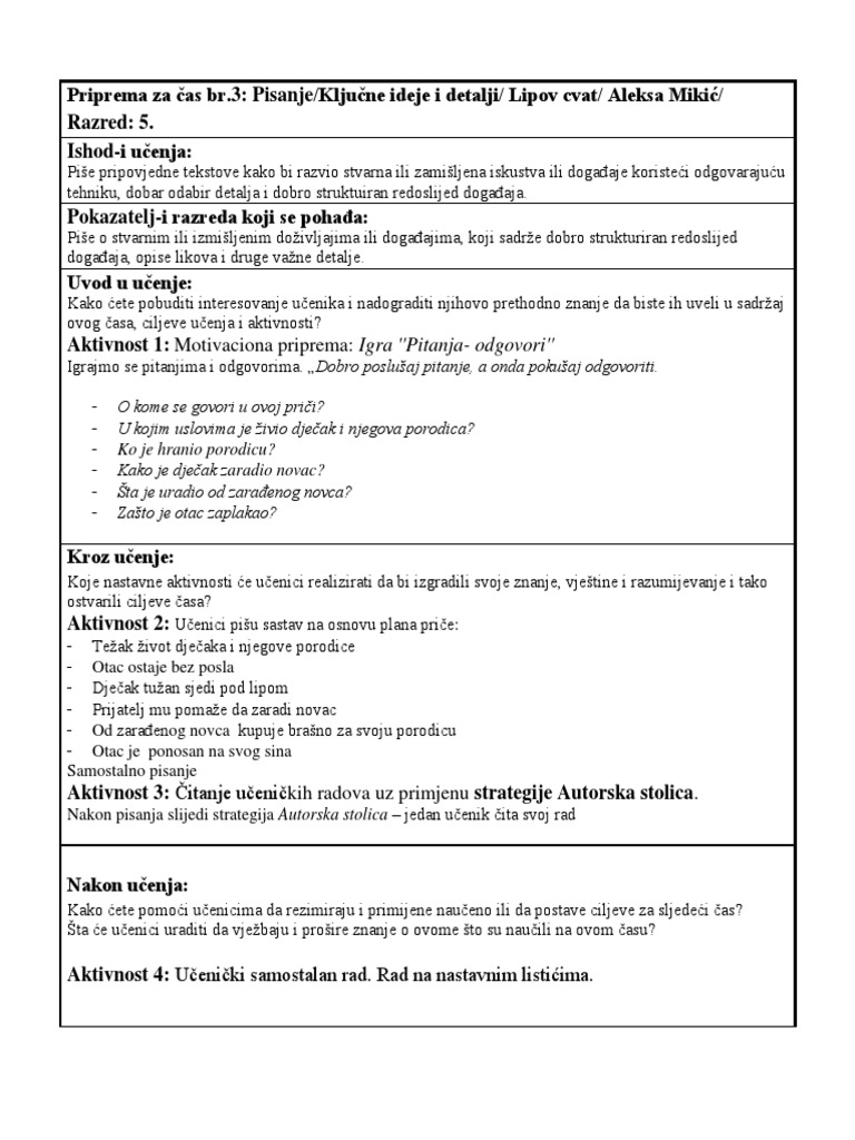 Priprema Za Čas br.3. Pisanje-Ključne Ideje I Detalji - Lipov Cvat - Aleksa Mikić | PDF