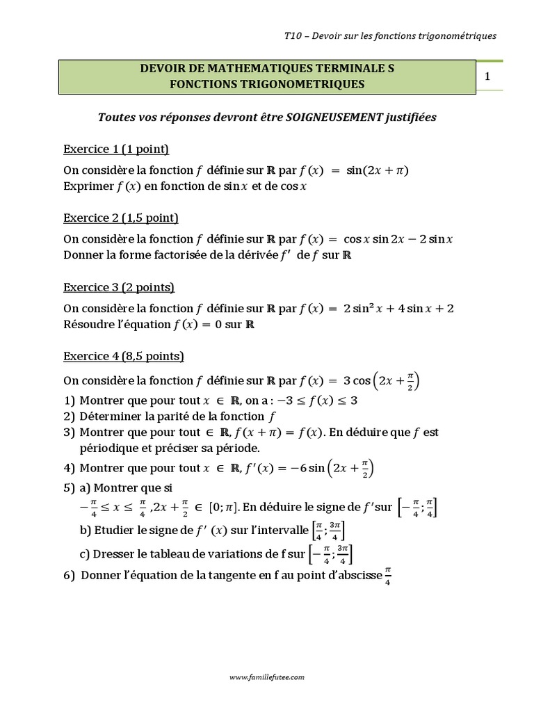 T10 Devoir Sur Les Fonctions Trigonometriques Corrige | PDF | Nombre réel | Analyse complexe