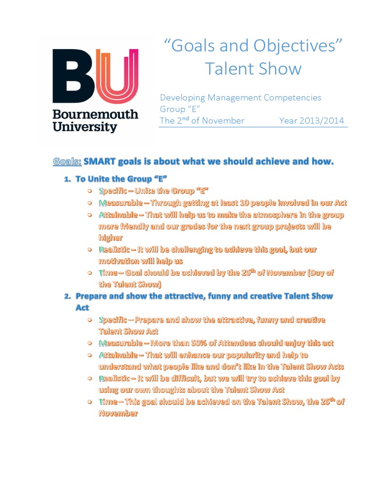Talent Show Goals and Planning Guide | PDF | Business | Self-Improvement