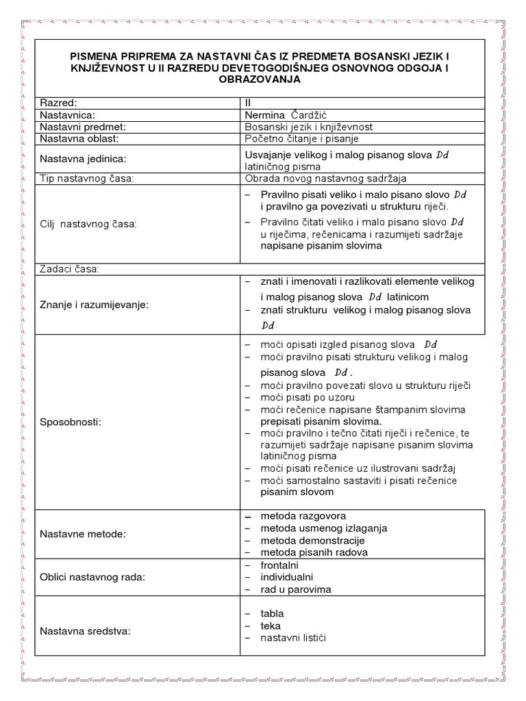 Pismena Priprema Za Nastavni Cas Iz Predmeta Bosanski Jezik I Knjizevnost | PDF