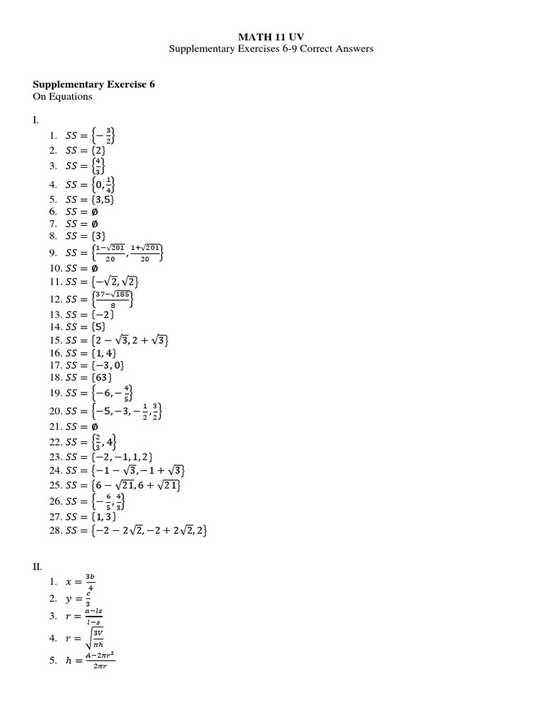MATH 11 UV Supplementary Exercises 6 9 Correct Answers | PDF ...