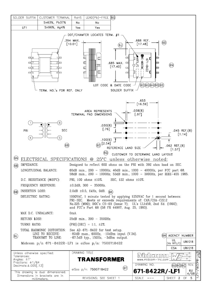 Midcom 671-8422 Transformer 600 Ohm | PDF | Wireless | Electromagnetism