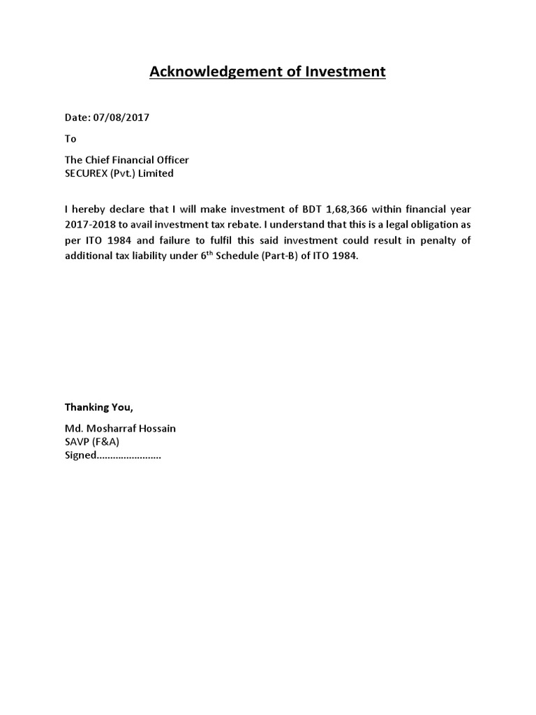 Acknowledgement of Investment: Thanking You | Download Free PDF ...
