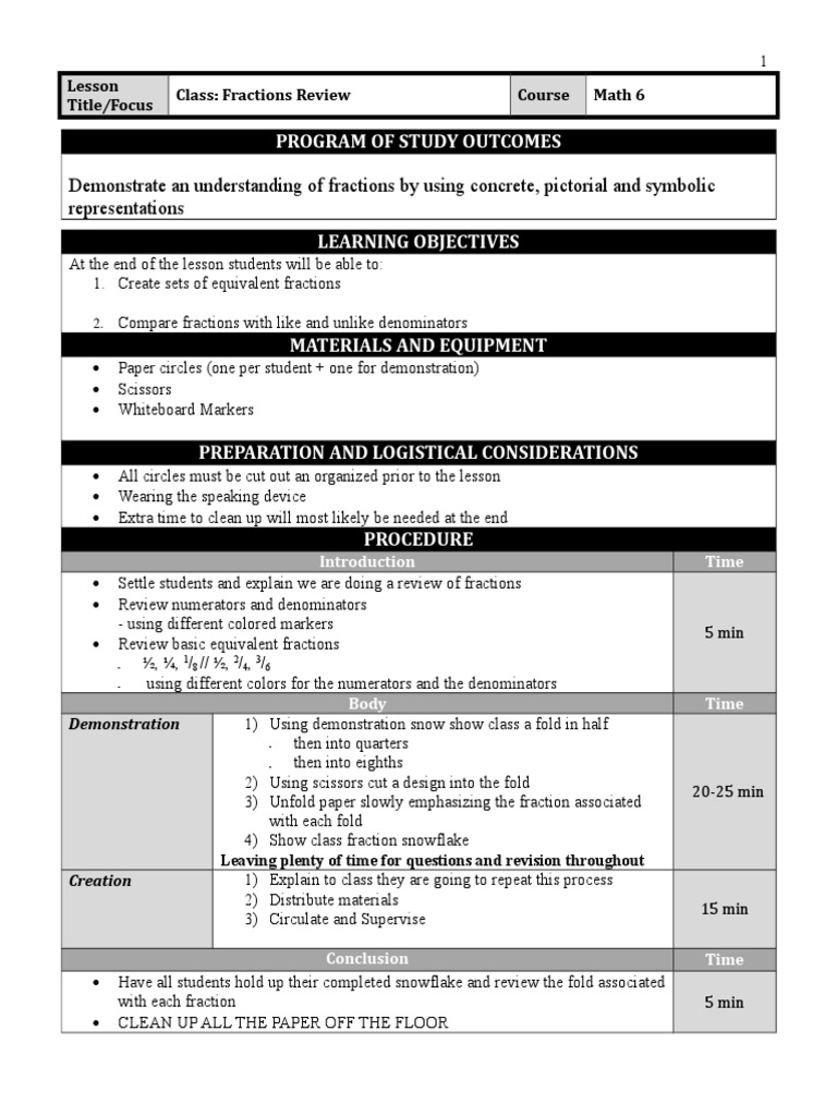 Fractions Review Lesson Plan for Grade 6 | PDF | Fraction (Mathematics ...