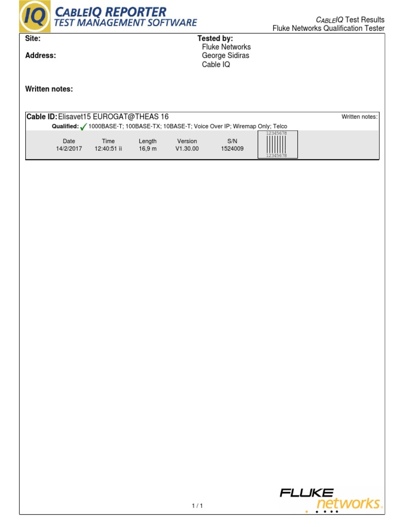 Test Results Fluke Networks Qualification Tester Fluke Networks George ...