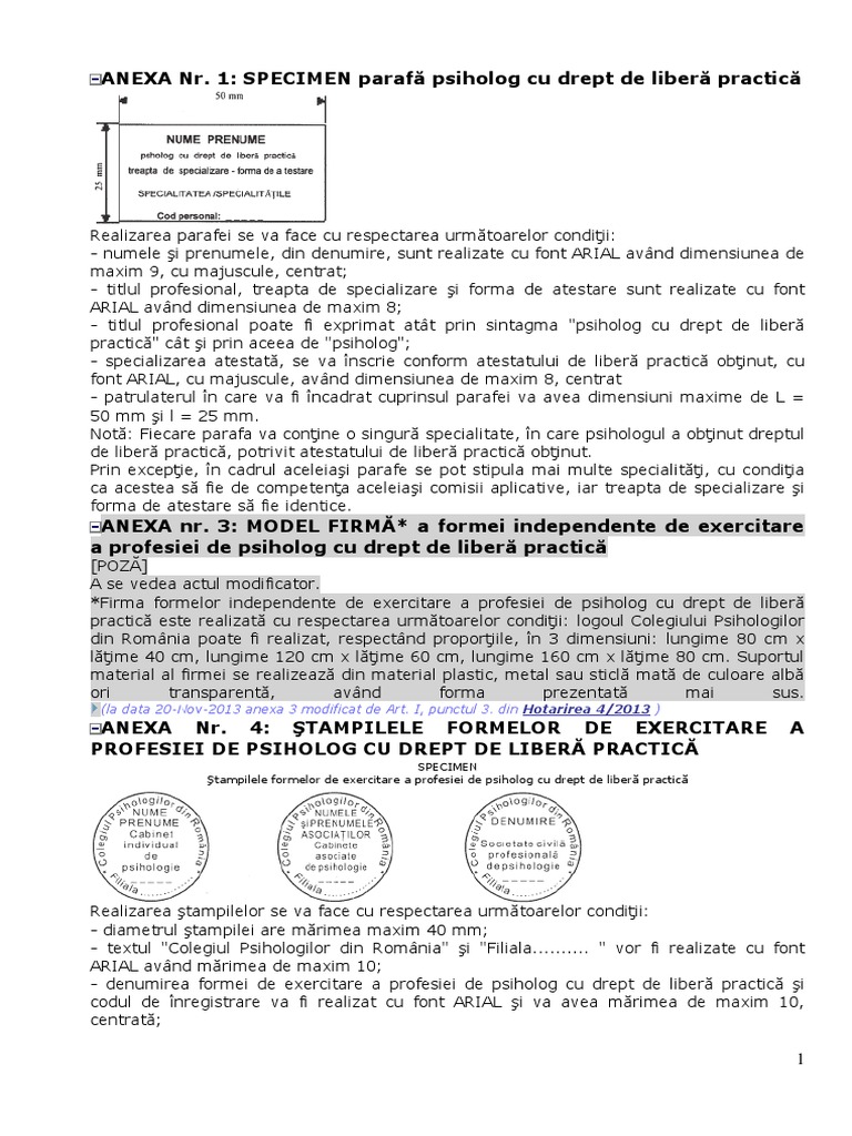 SPECIMEN Parafă Psiholog Cu Drept de Liberă Practică | PDF