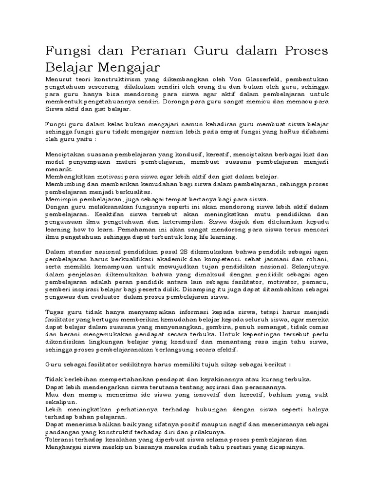 Fungsi Dan Peranan Guru Dalam Proses Belajar Mengajar | PDF