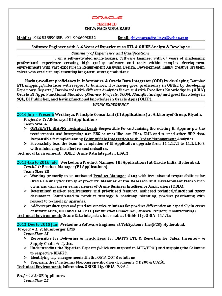 Shiva Nagendra CV-OBIA | PDF | Oracle Corporation | Business Intelligence
