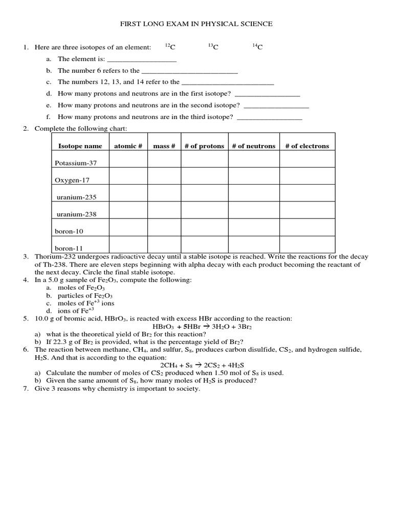 Physical Science Exam: Isotopes & Reactions | PDF