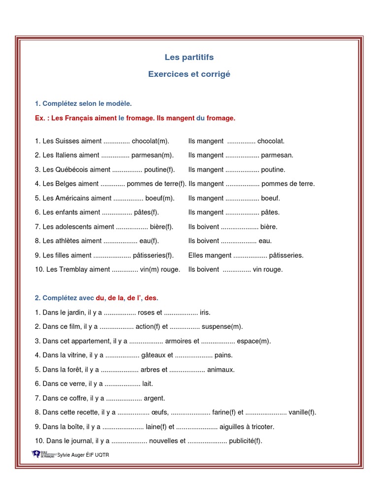 Les articles partitifs exercices et corrige.pdf | sauce | Soupe