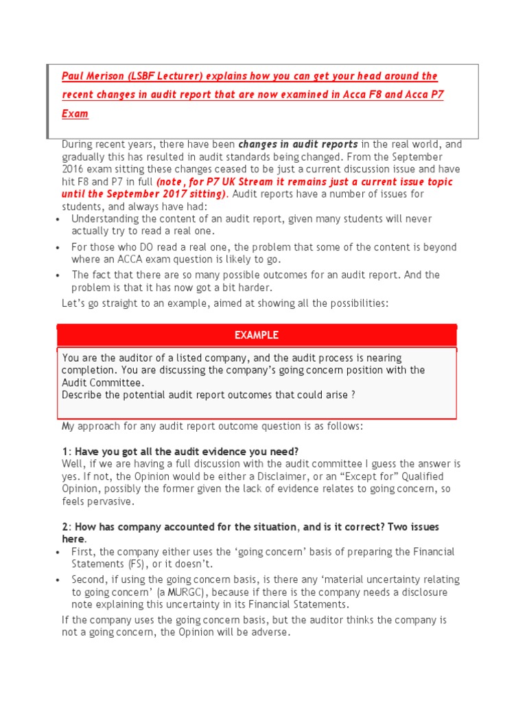 Audit Report | PDF | Going Concern | Auditor's Report
