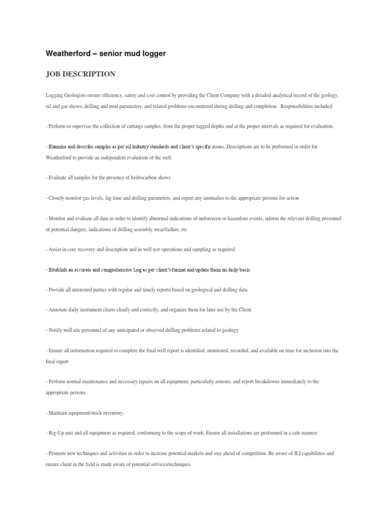 Job Description: Weatherford - Senior Mud Logger | PDF | Science | Geology