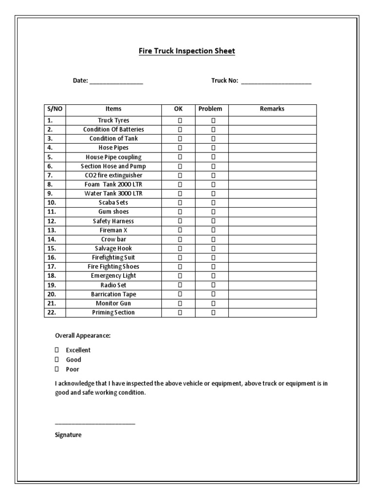 Fire Truck Inspection Sheet | PDF | Fire Engine | Firefighter