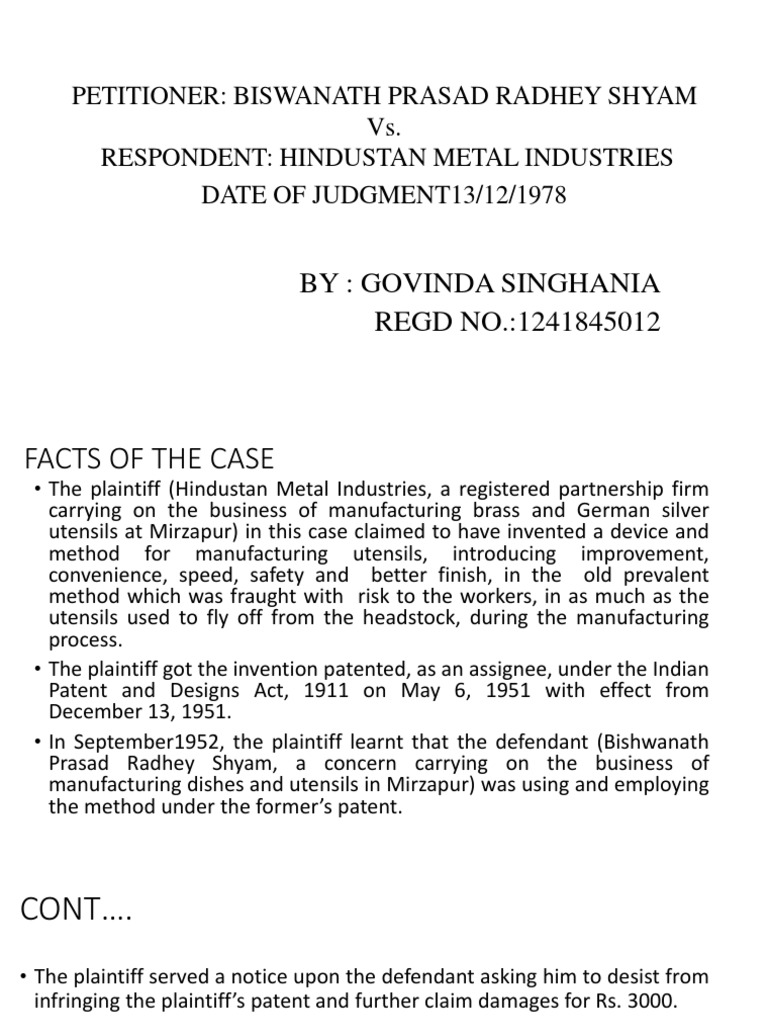 Hindustan Metal Industries vs Bishwanath Prasad Radhey Shyam Patent Case | PDF | Patent ...