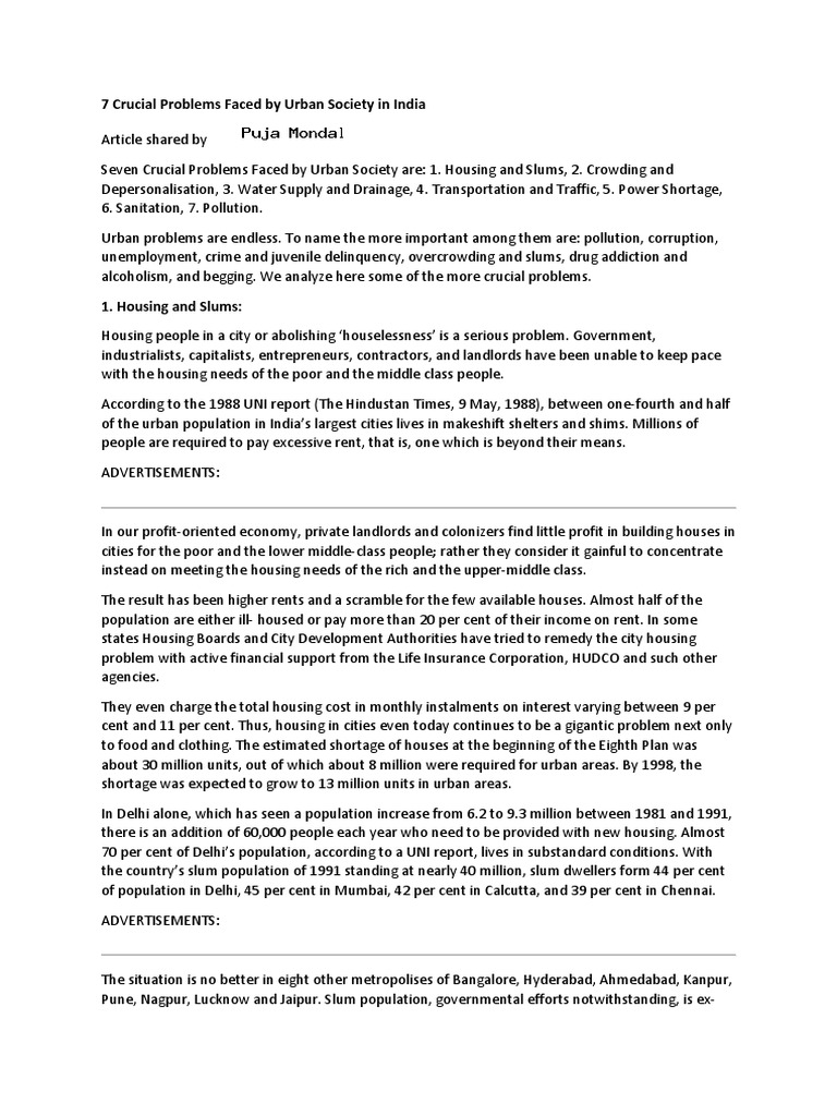 7 Crucial Problems Faced by Urban Society in India | PDF | Urbanization ...