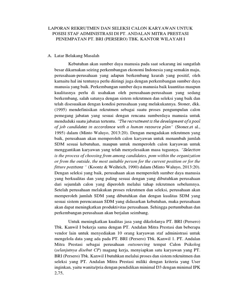 Laporan Rekrutmen Dan Seleksi Calon Karyawan Untuk Posisi Staf ...