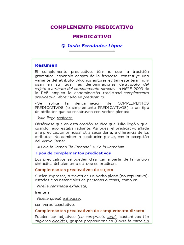 COMPLEMENTO PREDICATIVO Resumen | PDF | Verbo | Objeto (gramática)