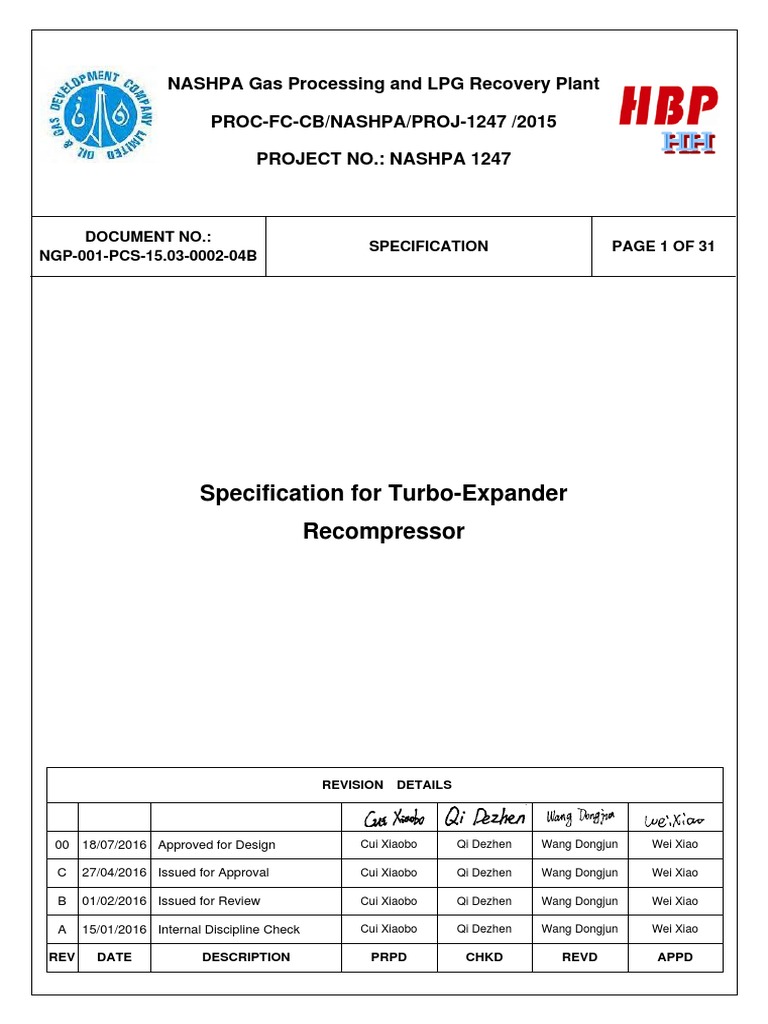 Turbo-Expander Recompressor Specification | PDF | Instrumentation ...