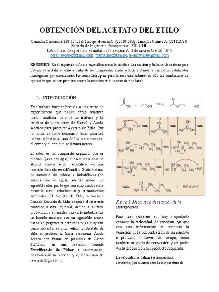 Obtencion Del Acetato Del Etilo | PDF | Acetato | Equilibrio químico