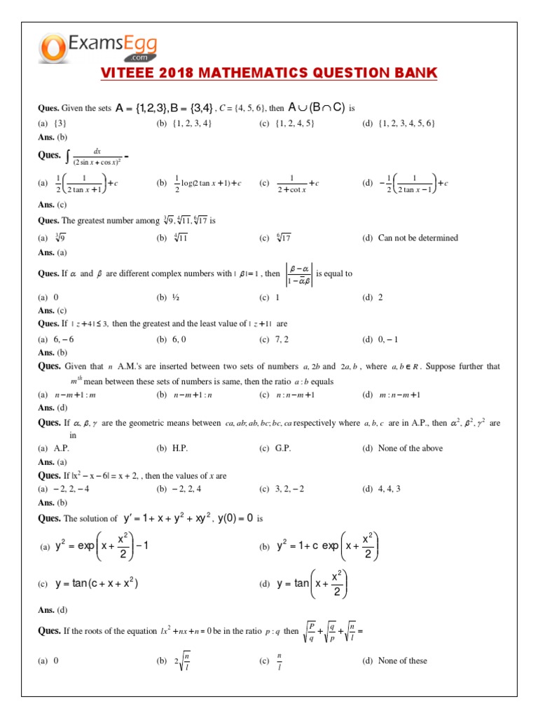 VITEEE 2018 Maths Question Bank | PDF | Trigonometric Functions ...