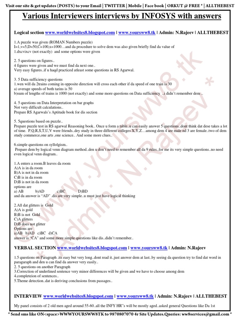 Various Interviewers Interviews by INFOSYS With Answers: WWW - Yoursww8 ...