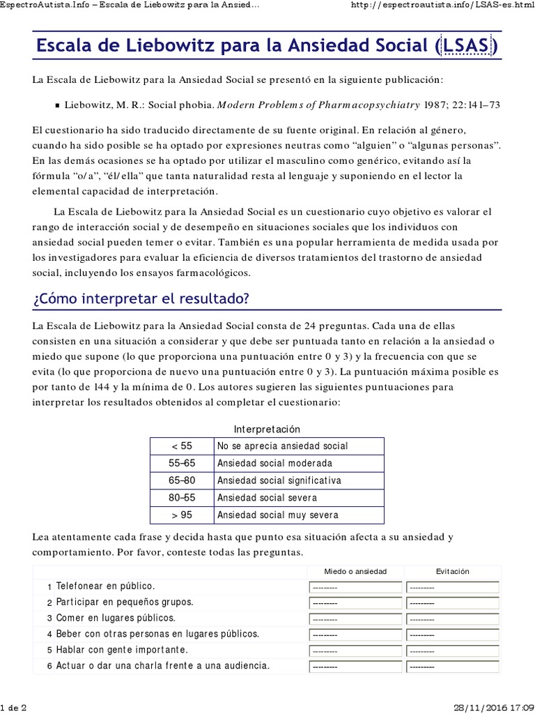 Escala de Liebowitz para La Ansiedad Social (LSAS) | PDF | Ansiedad ...